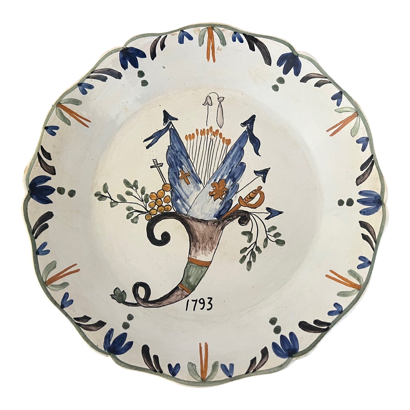 French Faience Hand Painted Cornucopia Plate | Chairish