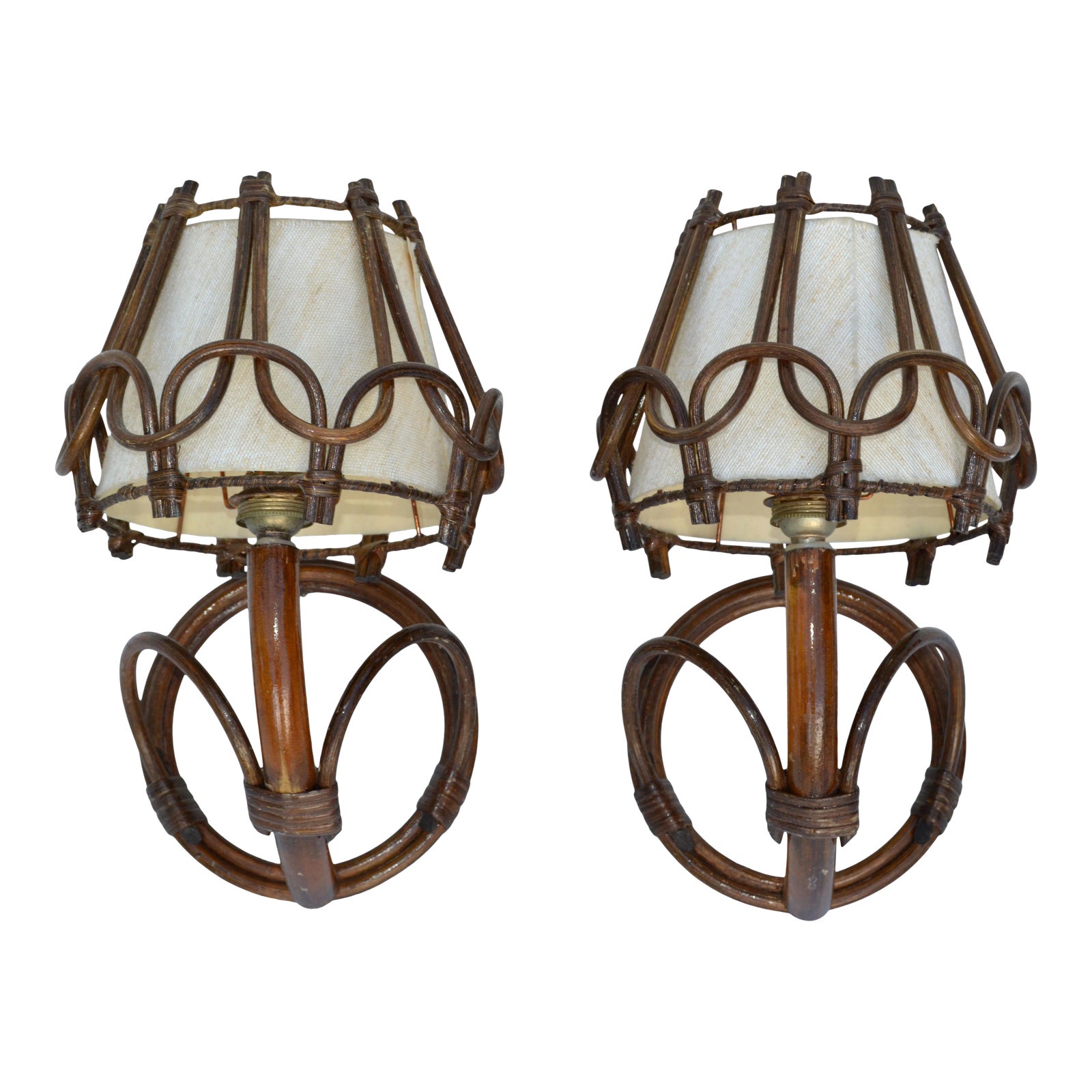 Organic Bend Bamboo Sconce Woven Bamboo Cased Fiber Shades France 1950 ...