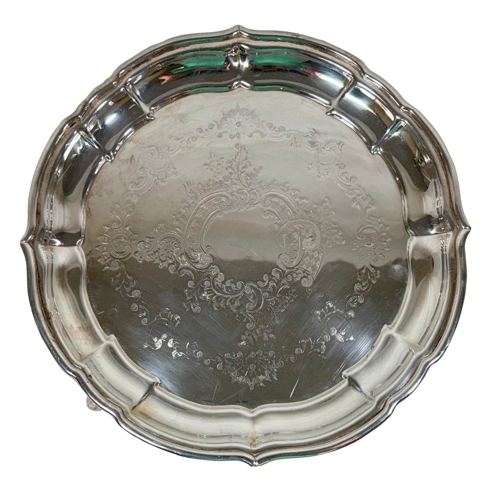 Antique Edwardian Scalloped Edge Silver Plate Serving Tray With 3 Feet ...