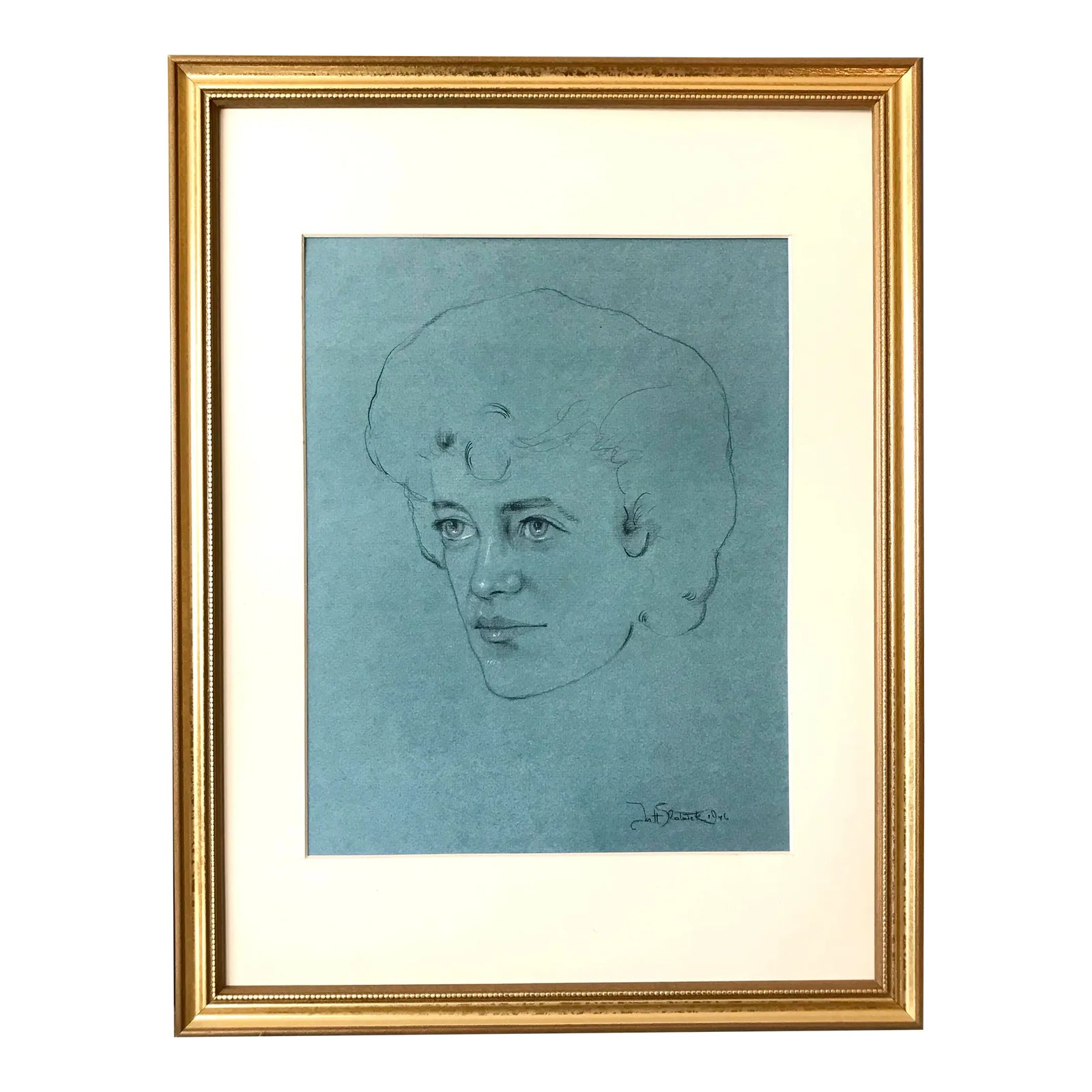 Vintage Portrait Drawing Portrait of a Woman 1946 | Chairish