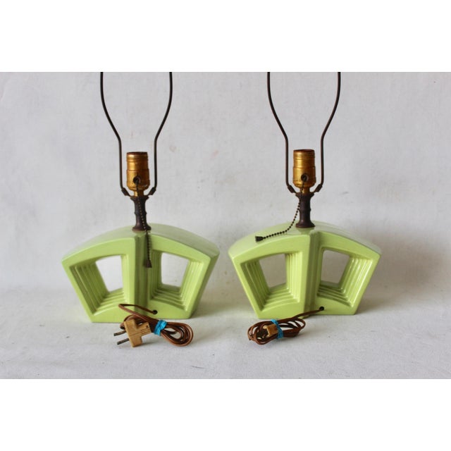 1950s Vintage Green Double Keyhole Ceramic Lamps With Original Shades -A Pair | Chairish