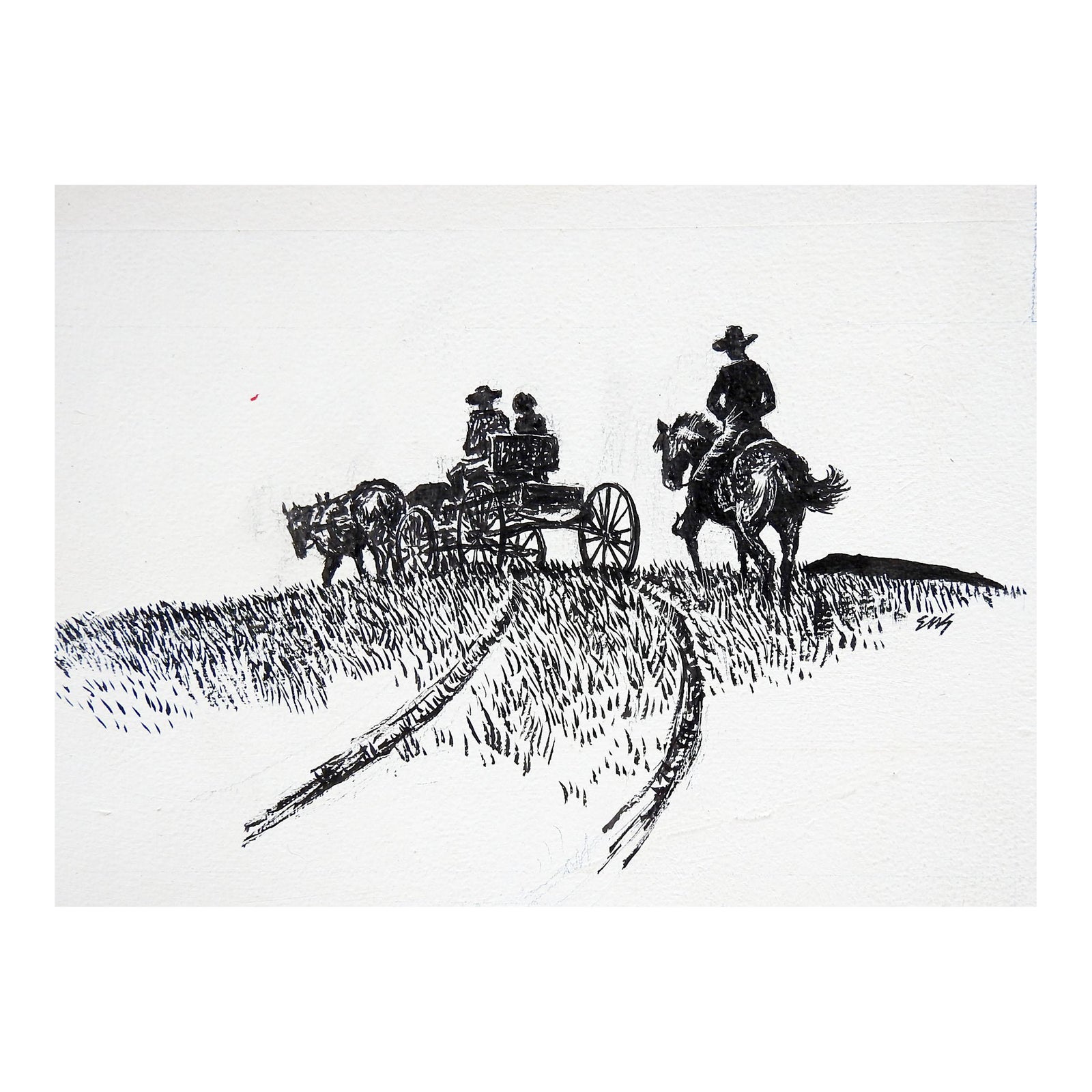 Mid 20th Century Eugene Shortridge Cowboy & Wagon Pen & Ink Western ...