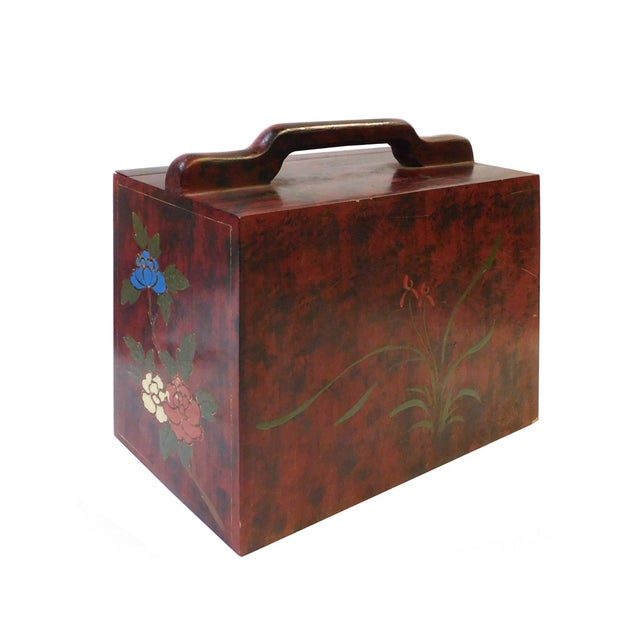 Brown Lacquer Wood Box With Colorful Graphic | Chairish