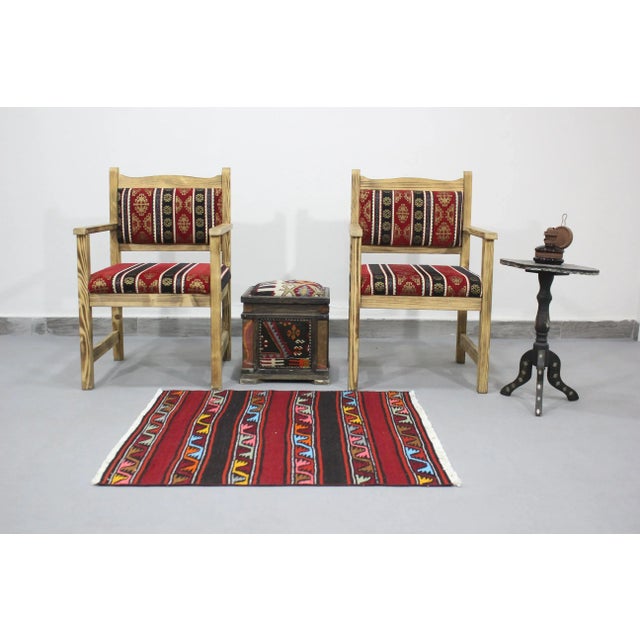 1990s Turkish Wooden Kilim Rug Chairs - a Pair | Chairish