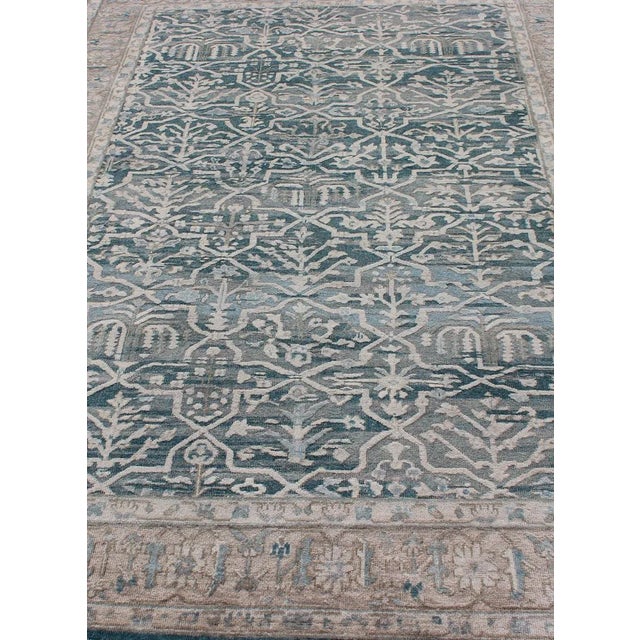 Modern Khotan Rug With Geometric Design in Teal Green/Blue Background ...