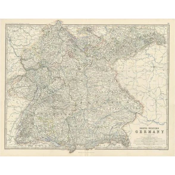 Antique Map of South-Western Germany by A. K. Johnston, 1865 | Chairish