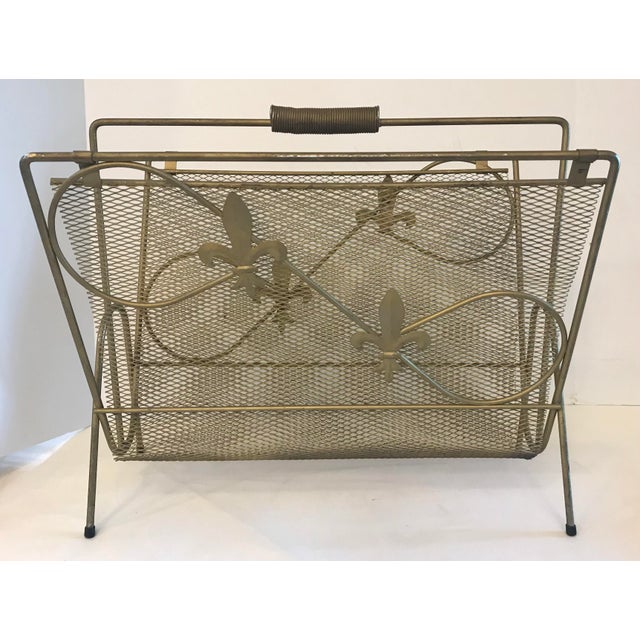 Vintage Gold Metal Magazine Rack With FleurdeLis Design | Chairish