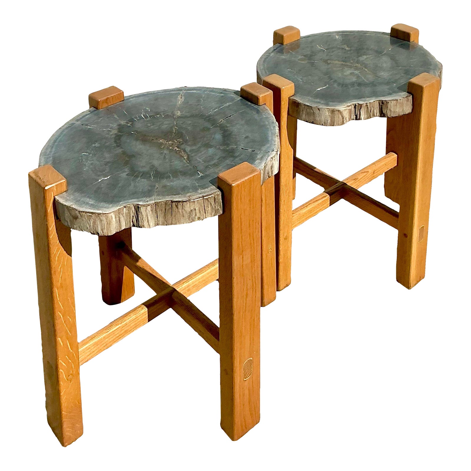 Vintage Boho Petrified Wood Slab End Tables - a Pair | Chairish
