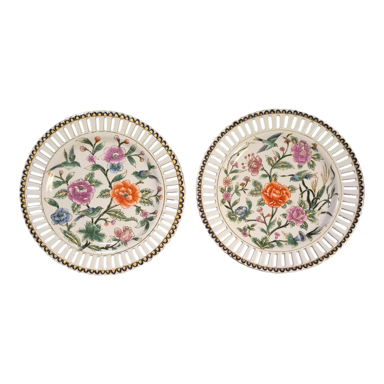 Vintage 2 Floral Bird Motif Lattice Pierced Edge Decorative Porcelain ...
