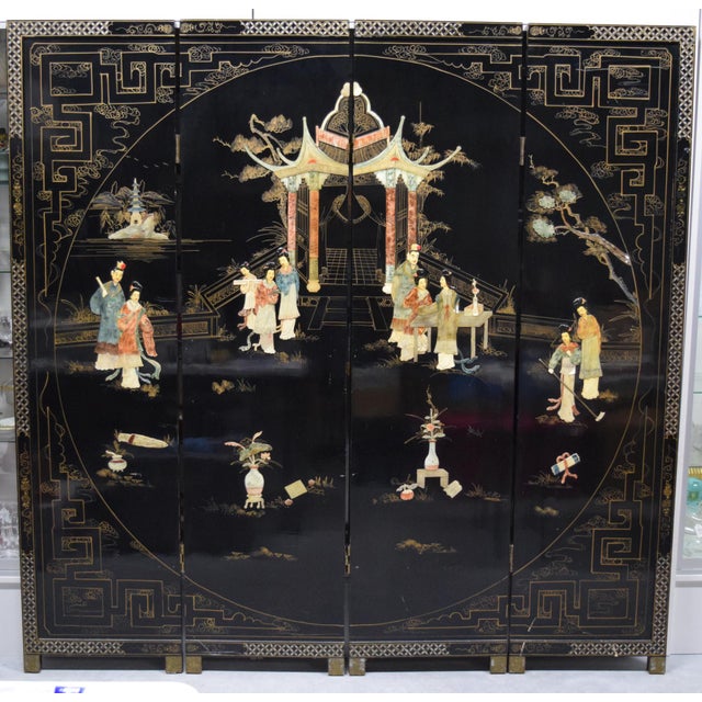 Chinese 4-Panel Stone Inlay Lacquered Scenic Wooden Folding Floor ...