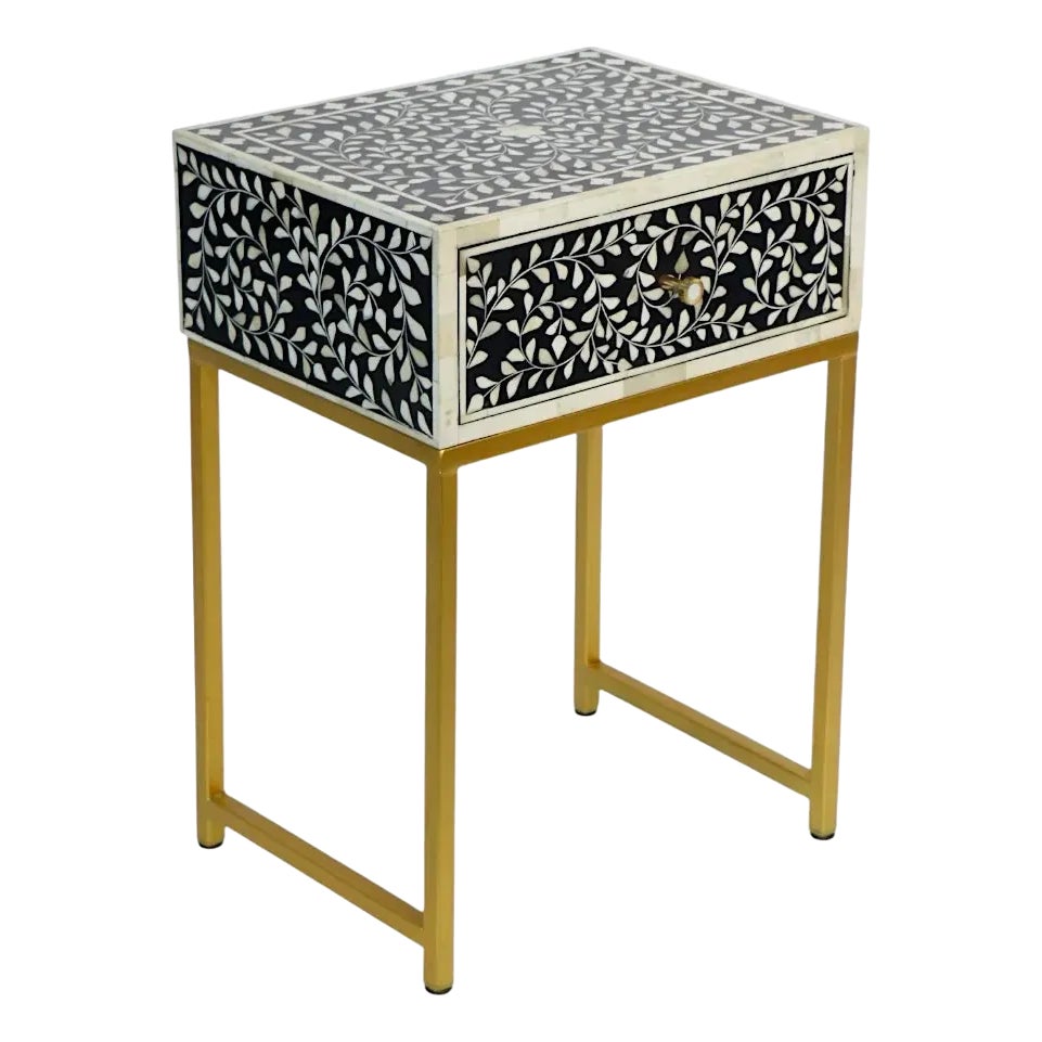 Black Bone Inlay Bedside Table | Chairish