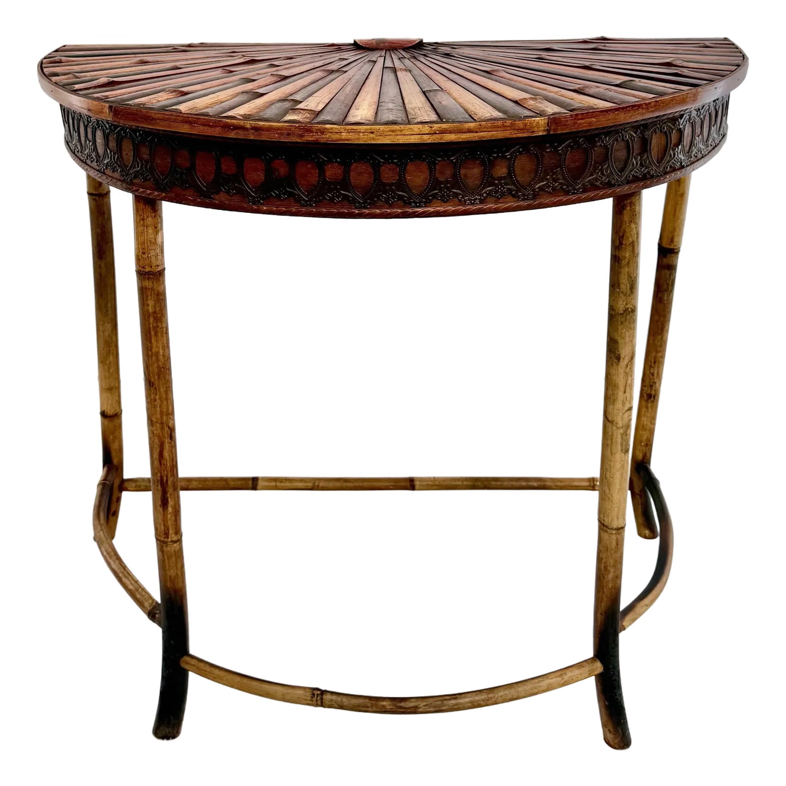 English Aesthetic Demi-Lune Burnt Bamboo Sunburst Console Table | Chairish