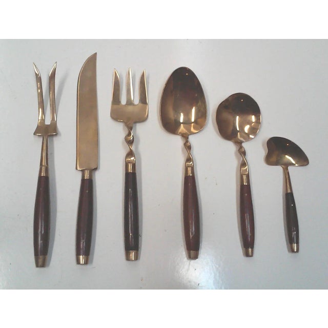 Rosewood and Bronze Flatware and Serving Pieces Set | Chairish