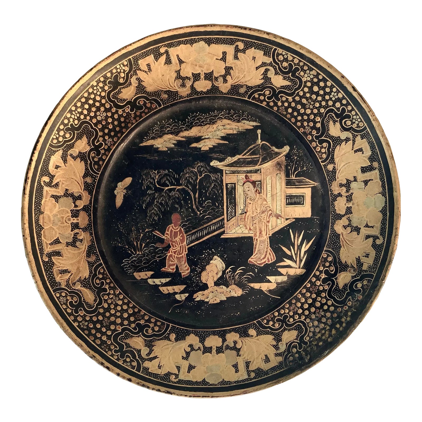 Antique Chinese Laquer Hand Painted Small Plate | Chairish