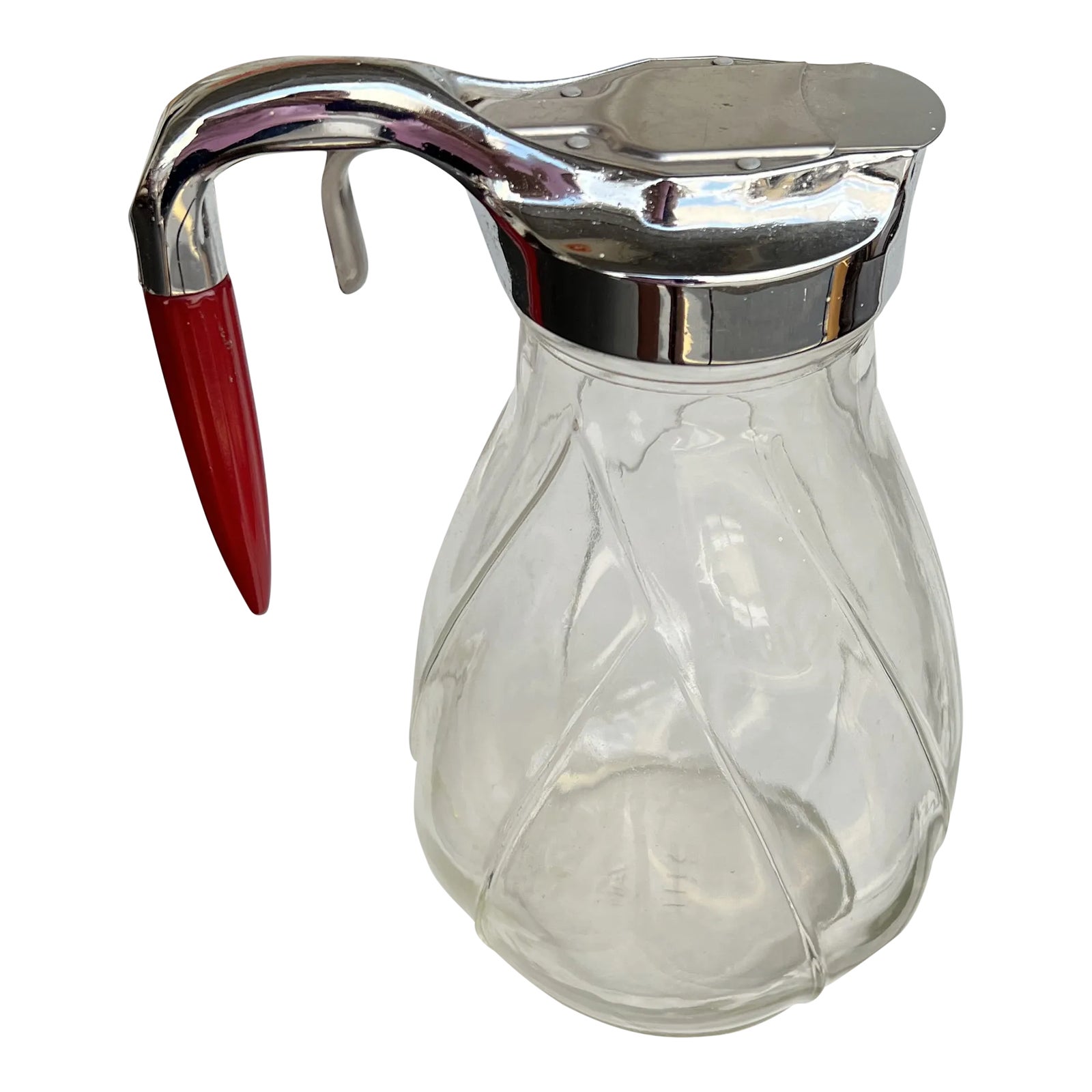 Vintage Large Glass Syrup Pitcher Red Bakelite Handle | Chairish