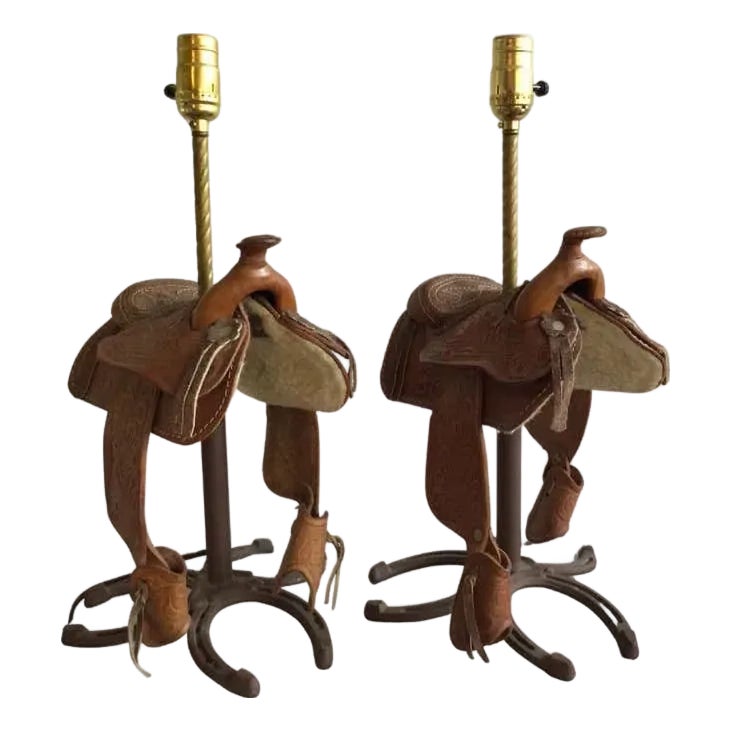 1960s Leather Horse Saddle Lamps on a Horseshoe Base - a Pair | Chairish