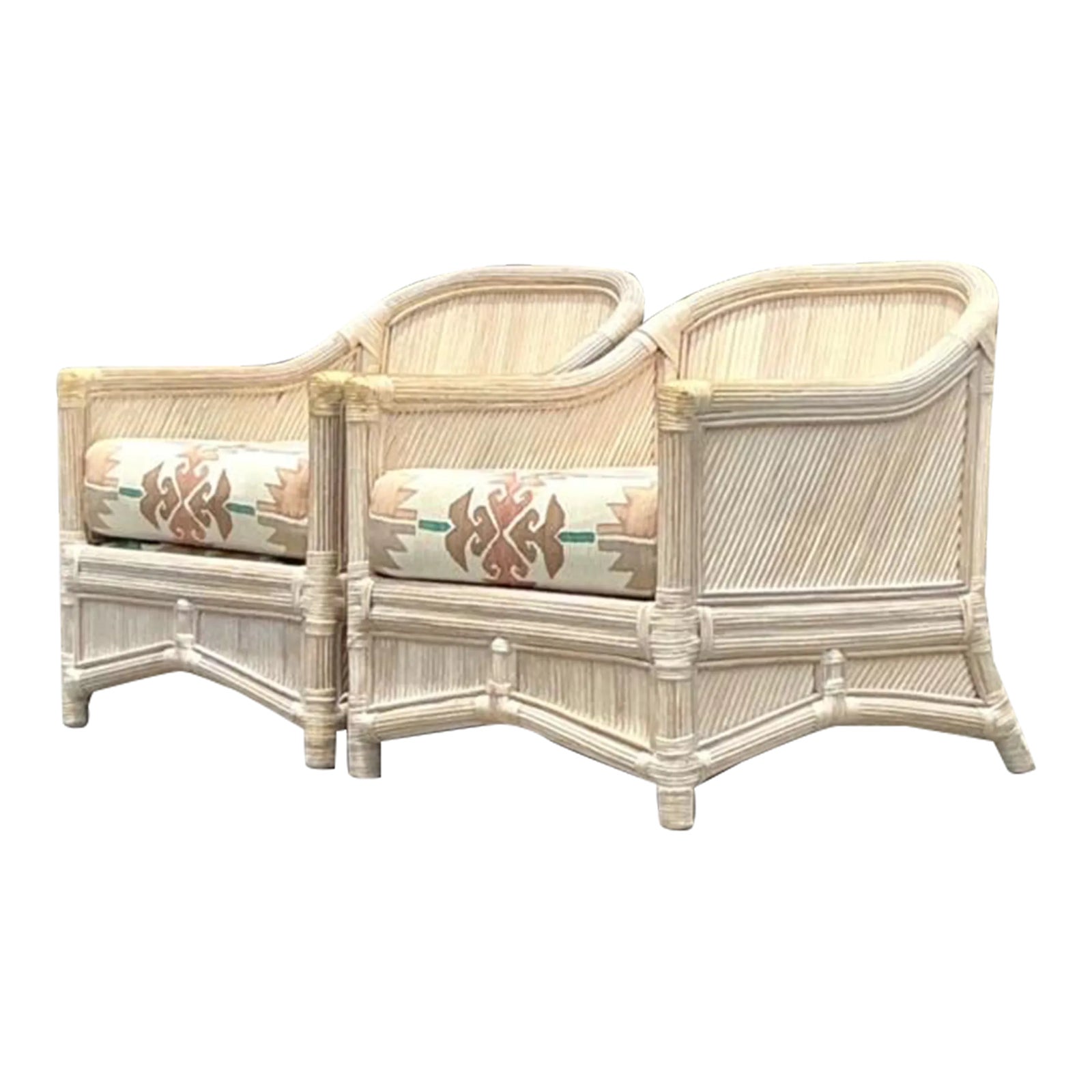 Vintage Coastal Washed Pencil Reed Lounge Chairs - a Pair | Chairish