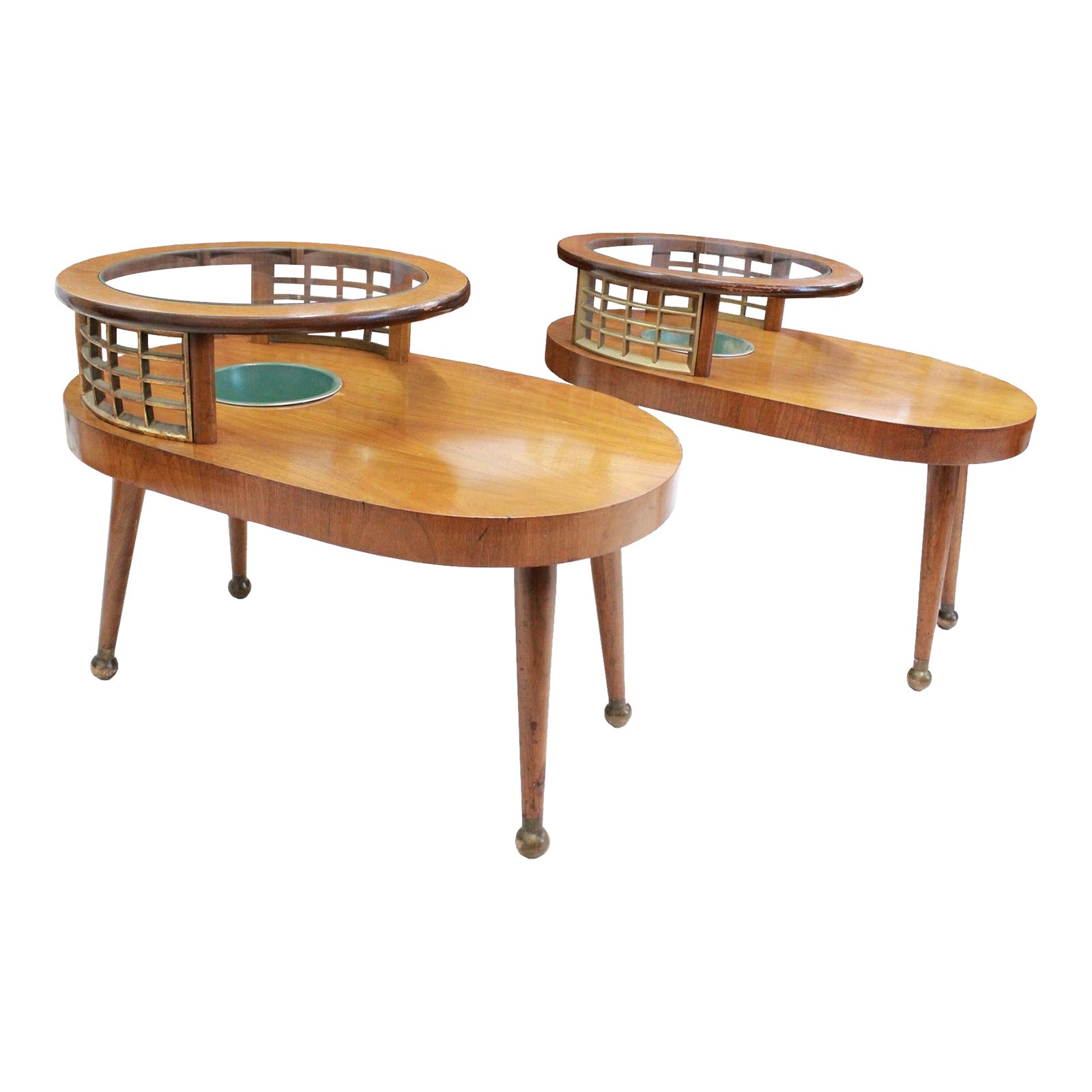 Gilbert Rohde Style Oval Pair of End Tables With Brass Details | Chairish