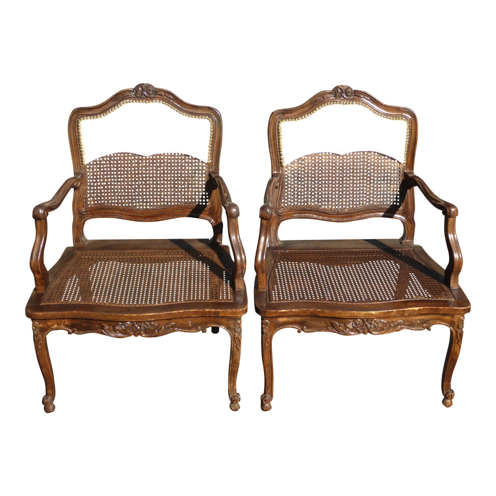 Vintage French Country Carved Wood & Cane Accent Chairs - A Pair | Chairish