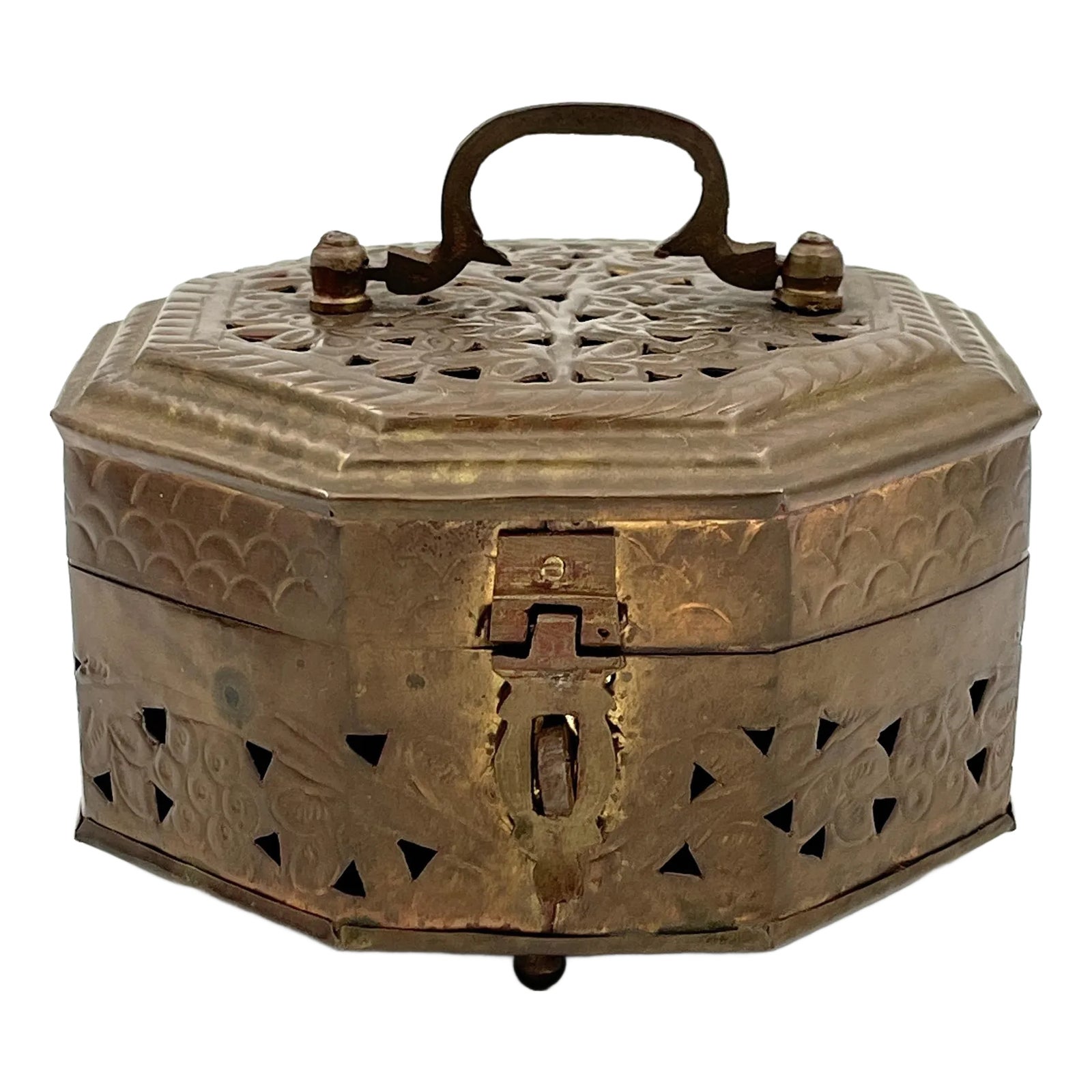Mid 20th Century Vintage Octagon Pierced Brass Cricket Box Trinket Box ...