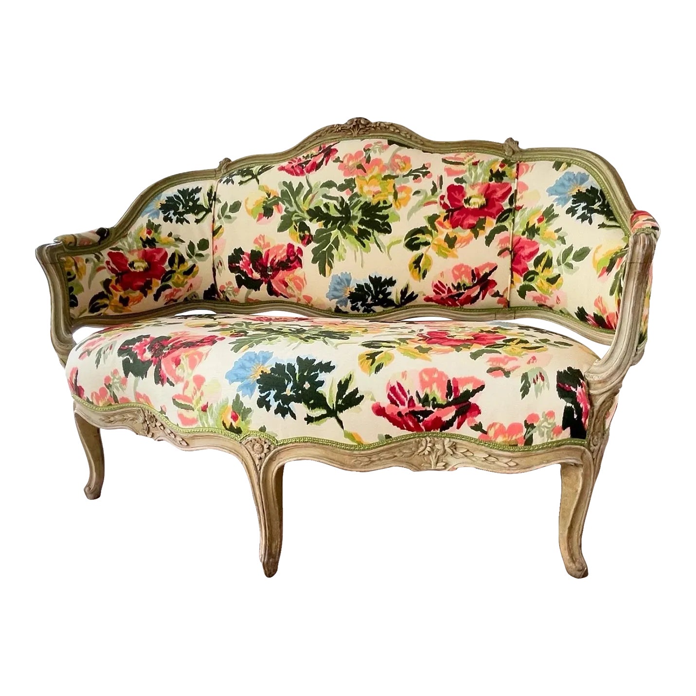 Antique French Painted Settee/Sofa Upholstered in Bright Floral Fabric ...