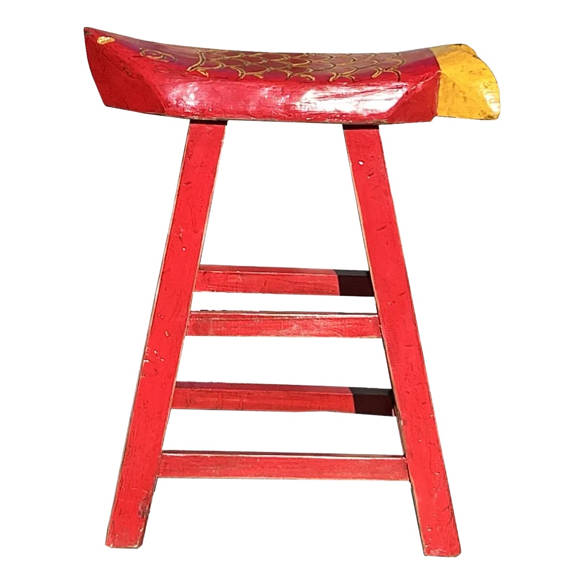 Sharp Red Yellow Fish Shape Seat Top Wood Tall Bench Stool | Chairish