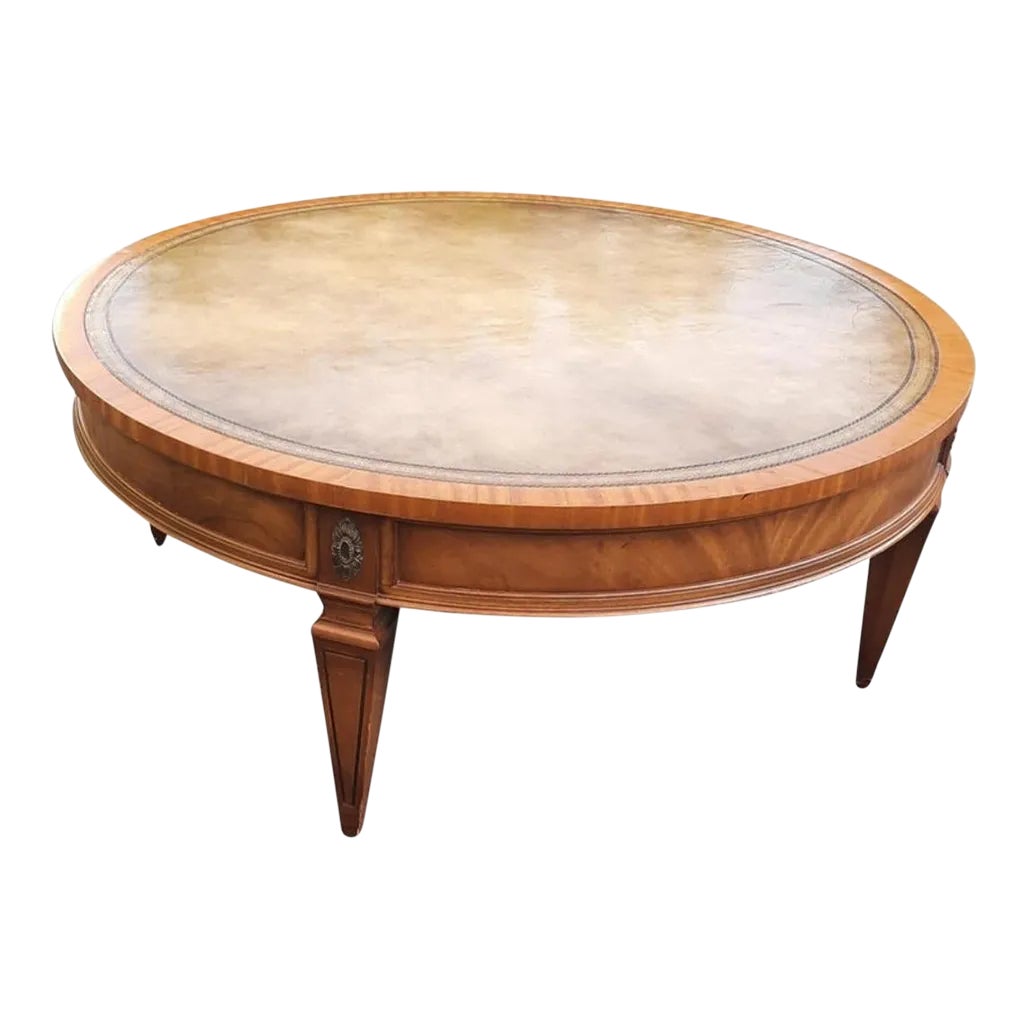 Mid Century Modern Mahogany With Stenciled Leather Top Round Coffee ...