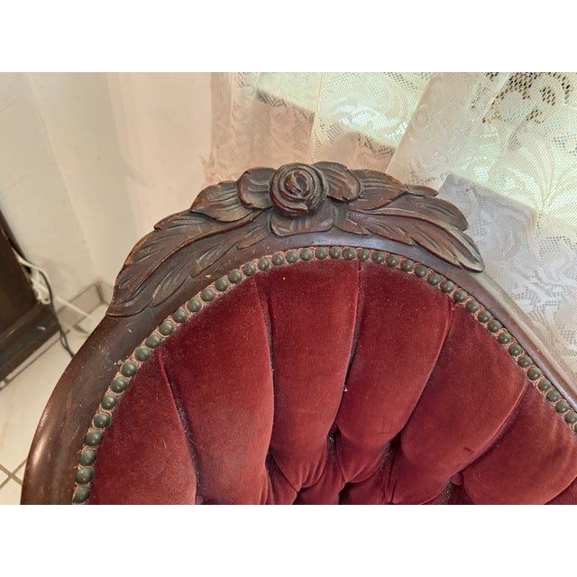 1940s Victorian Carved Mahogany Red Wine Velvet Parlor Settee | Chairish