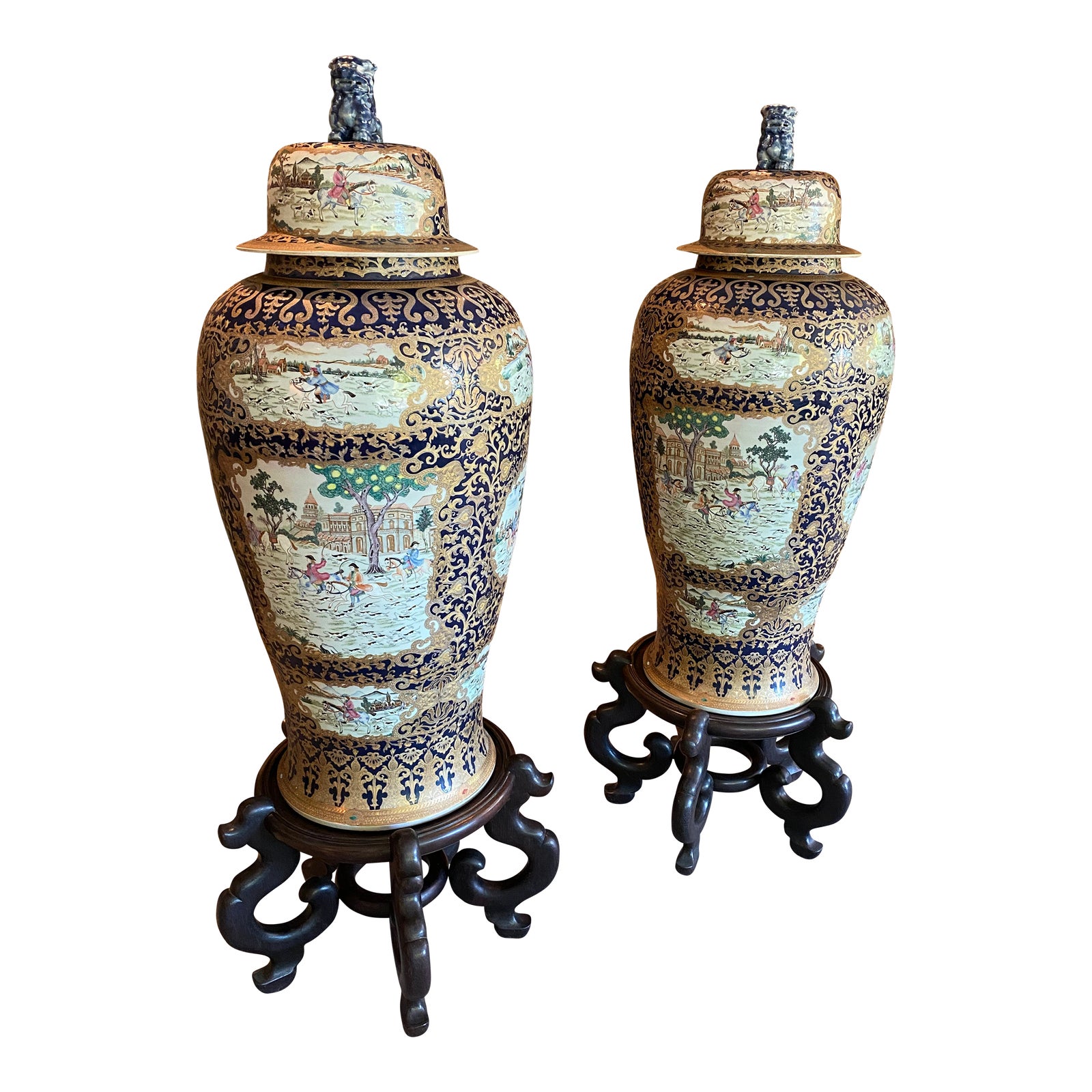 Late 20th Century Large Scale Porcelain Vases With Temple Lion Lids ...