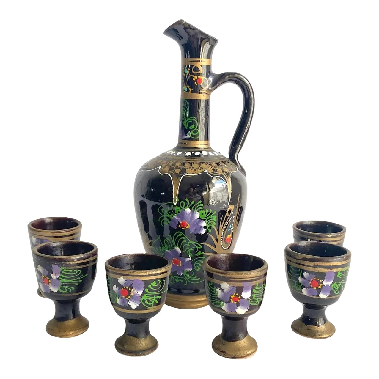 Hand Painted Pitcher & Petite Cups Port Wine Decanter Turkish Pottery ...