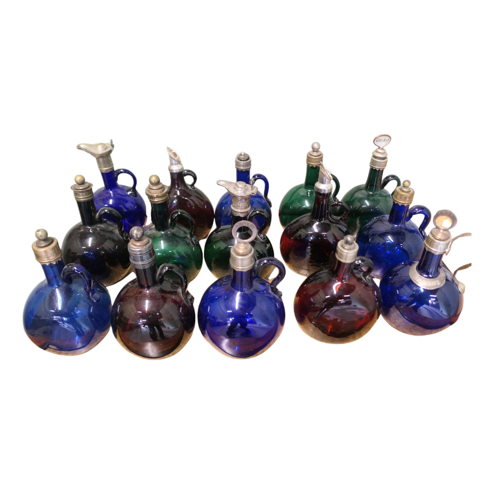 English Flagon Decanters, 19th Century, Set of 15 | Chairish