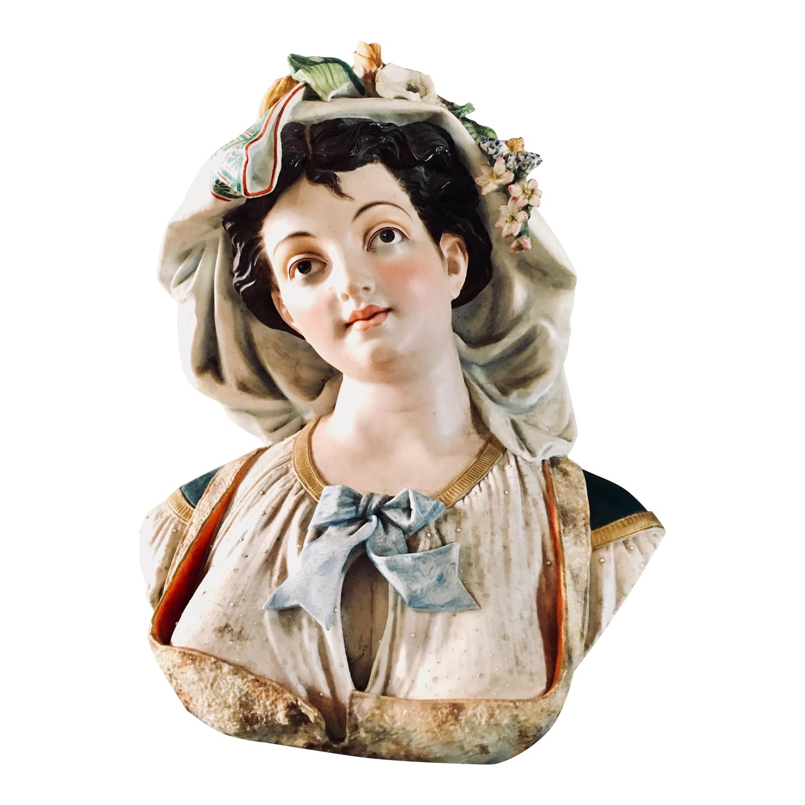 19th Century Antique Polychrome Bust of a Maiden Sculpture | Chairish