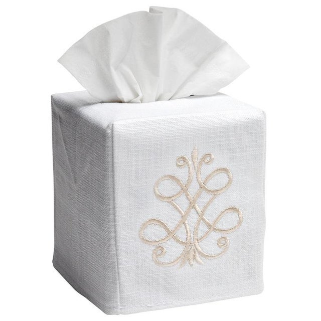 Beige French Scroll Tissue Box Cover in White Linen & Cotton ...