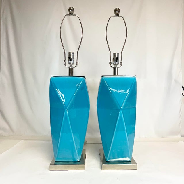 Contemporary Geometric Tiffany Blue Ceramic Table Lamps - a Pair ...