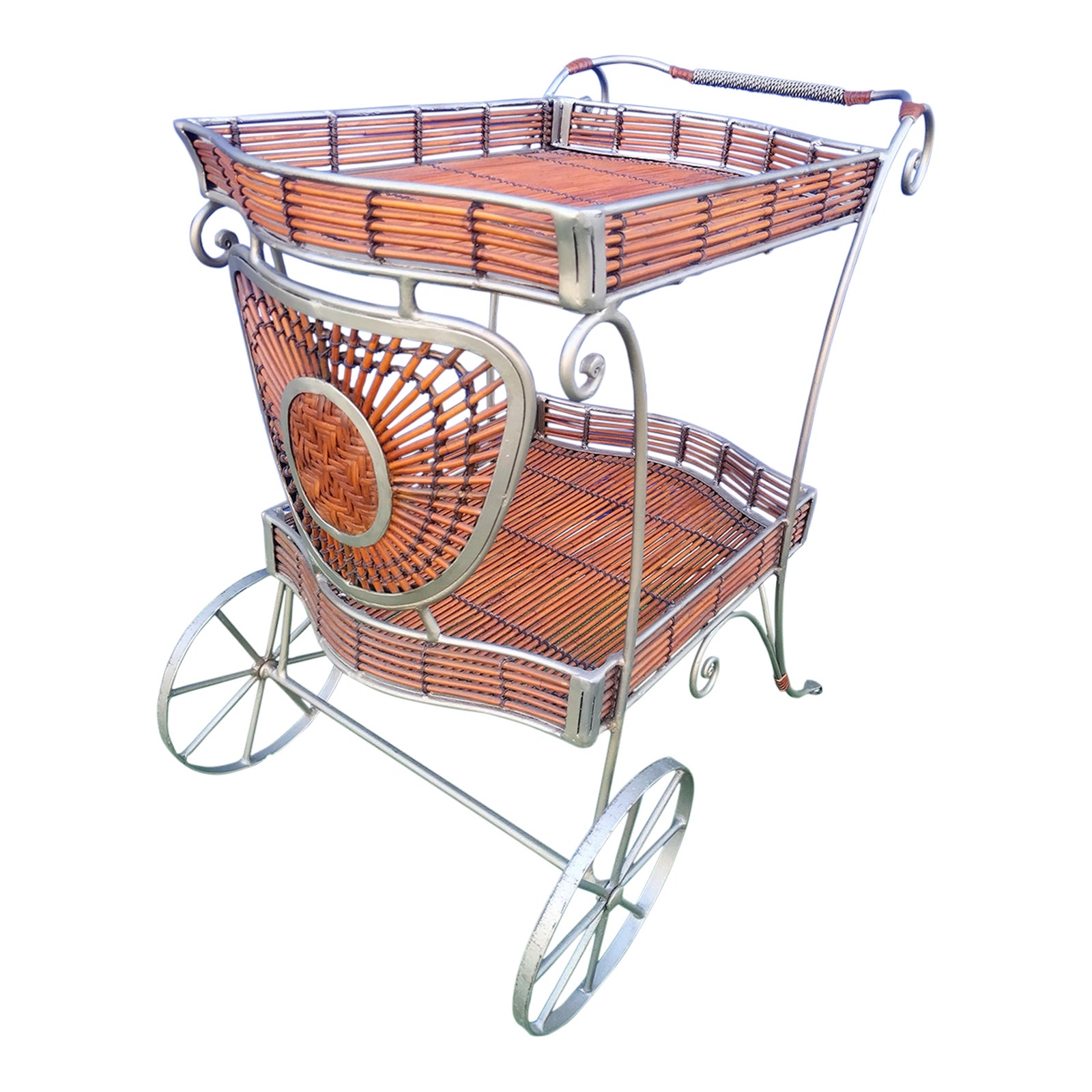 Vintage Maitland Smith Rattan Bamboo Iron Medallion Front Bar Cart ...