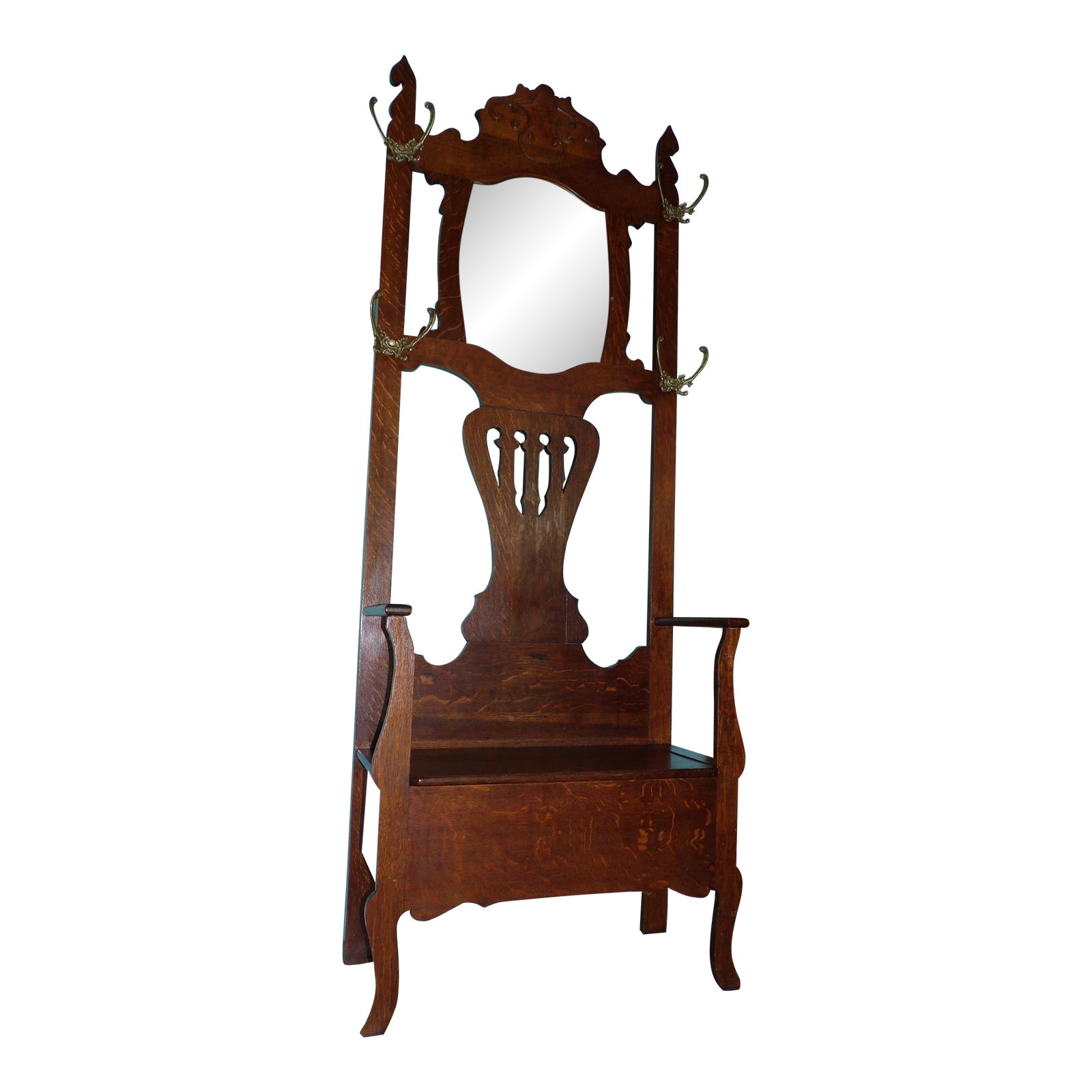 Antique Solid Tiger Oak Mirror Hall Tree Coat Rack Entry Bench | Chairish