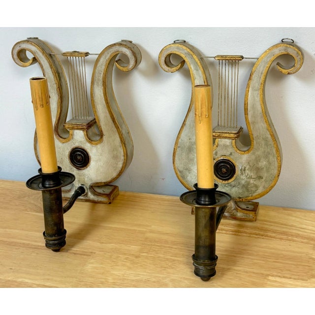 English Regency Gray Painted Tole & Brass Lyre Motif Wall Sconces - a ...
