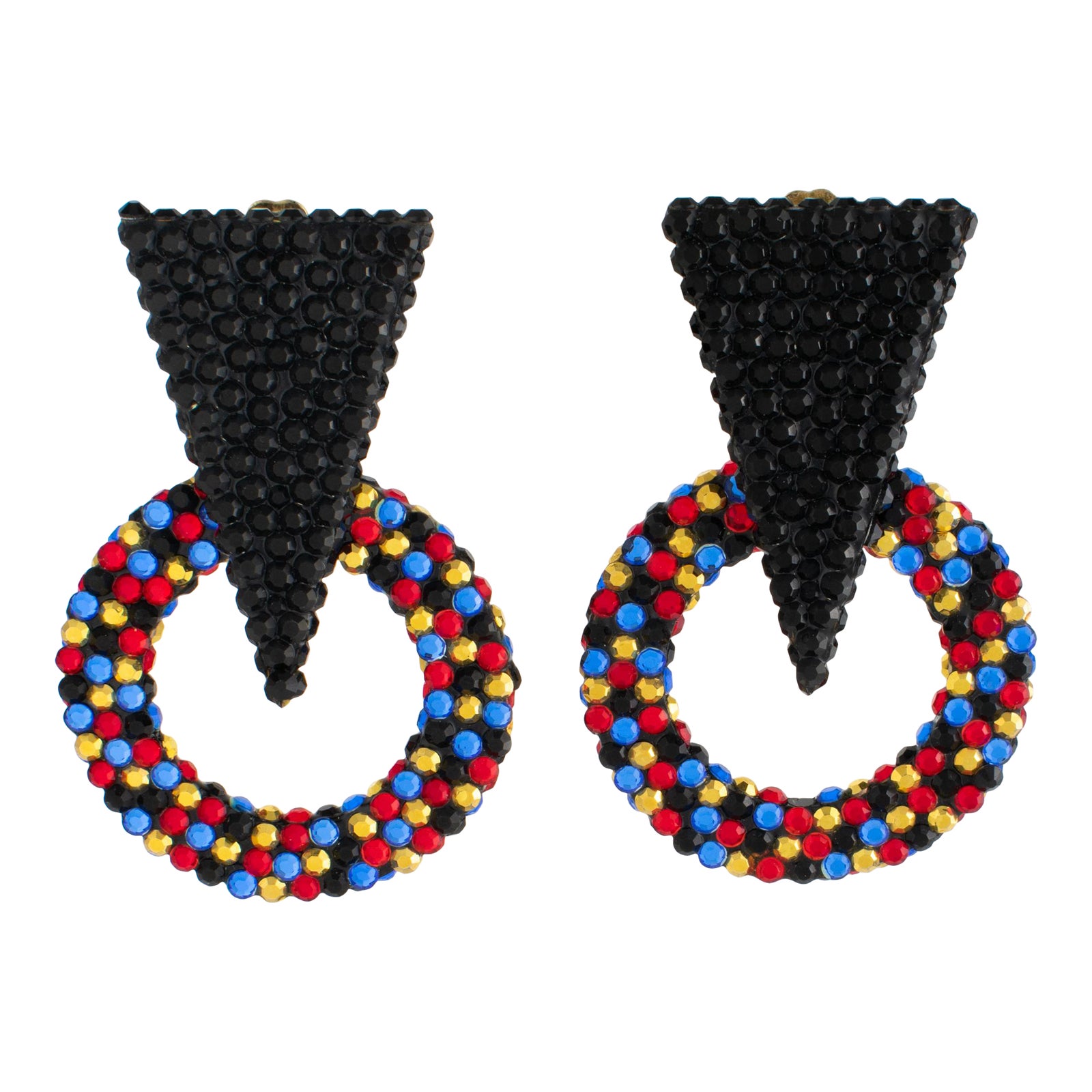 Richard Kerr Black and Multicolor Jeweled Dangle Clip Earrings | Chairish