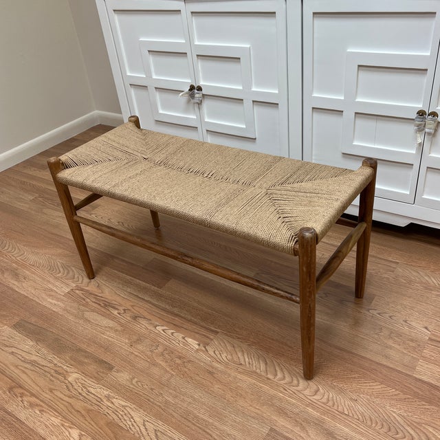 Natural Teak Wood and Rush Bench | Chairish
