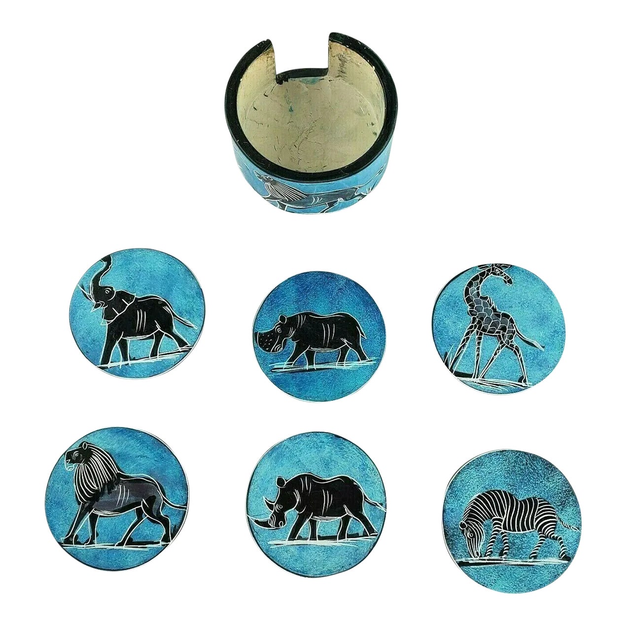 Safari African Animals Blue Stone Coasters Set- 7 Pieces | Chairish