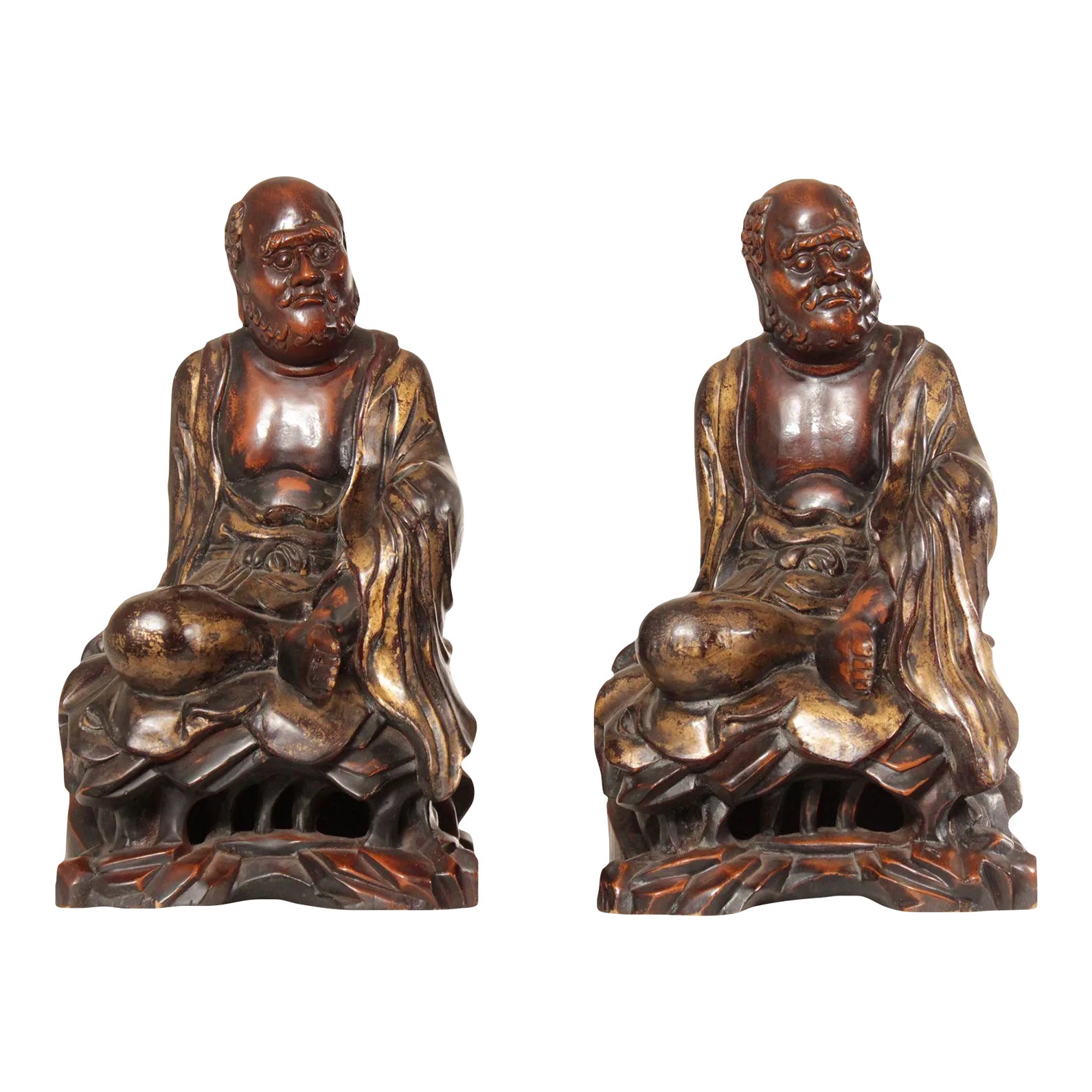 Vintage Hand Carved Pair of Chinese Immortal Statues | Chairish