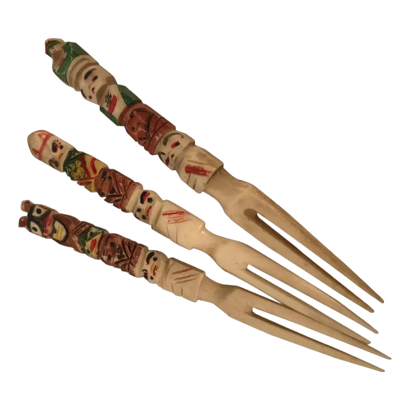 Vintage Native American Totem Forks Hand Carved Bone - 3pcs | Chairish