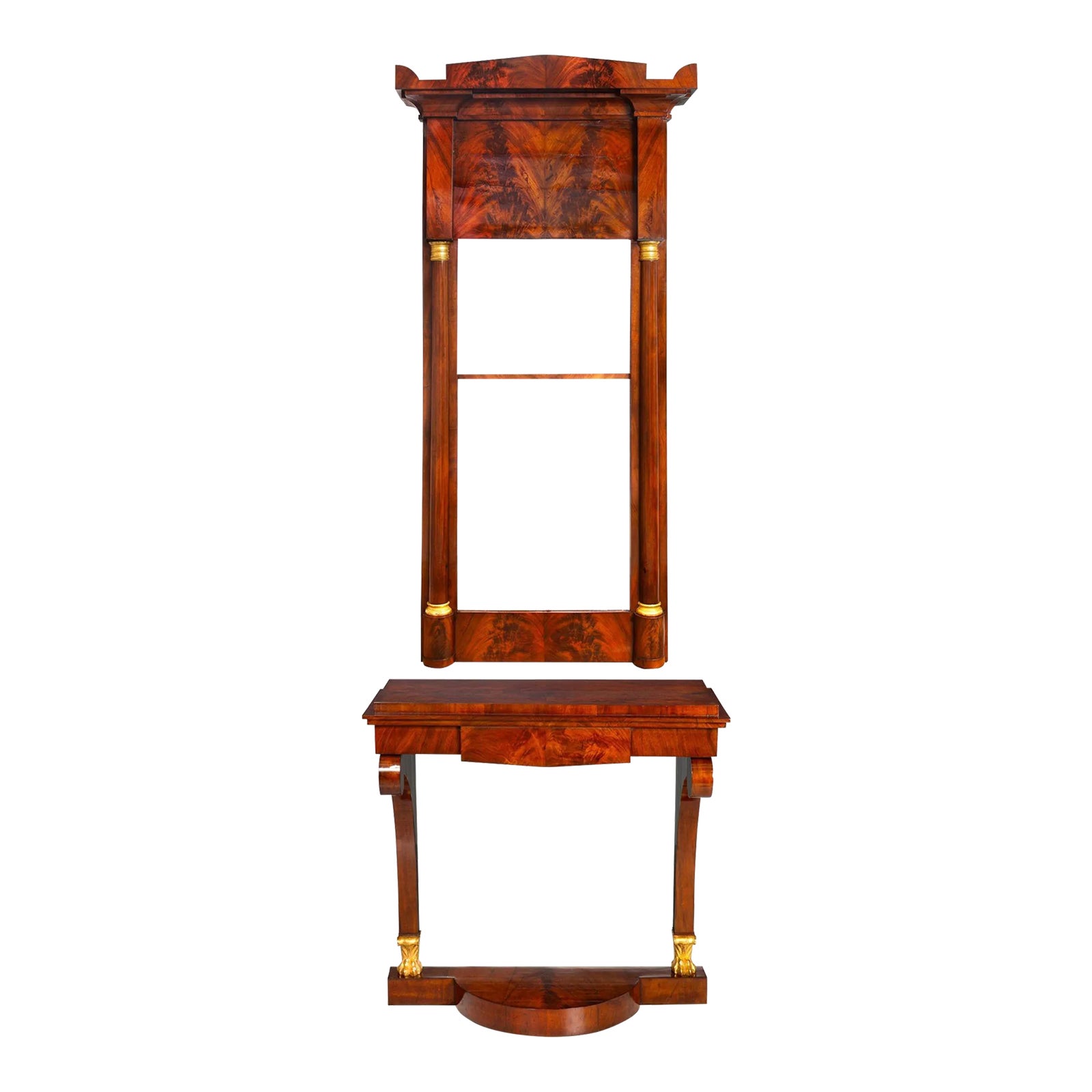 Large Biedermeier Antique Mahogany Pier Mirror and Console Table Ca ...