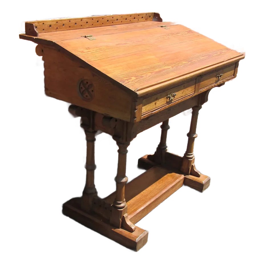 English Antique 1860s Gothic Pitch/Heart Pine Church Lectern Drafting ...
