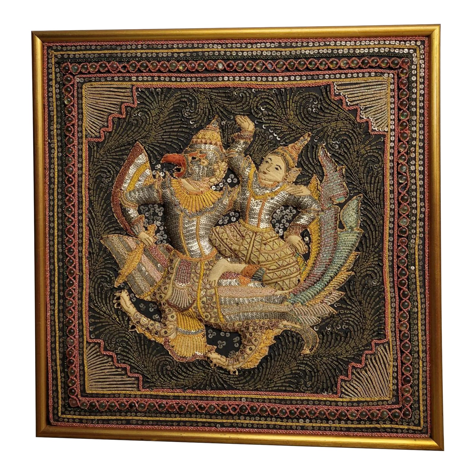 Framed Antique Myanmar Thai Burmese Kalaga Padded Tapestry With Eagle ...
