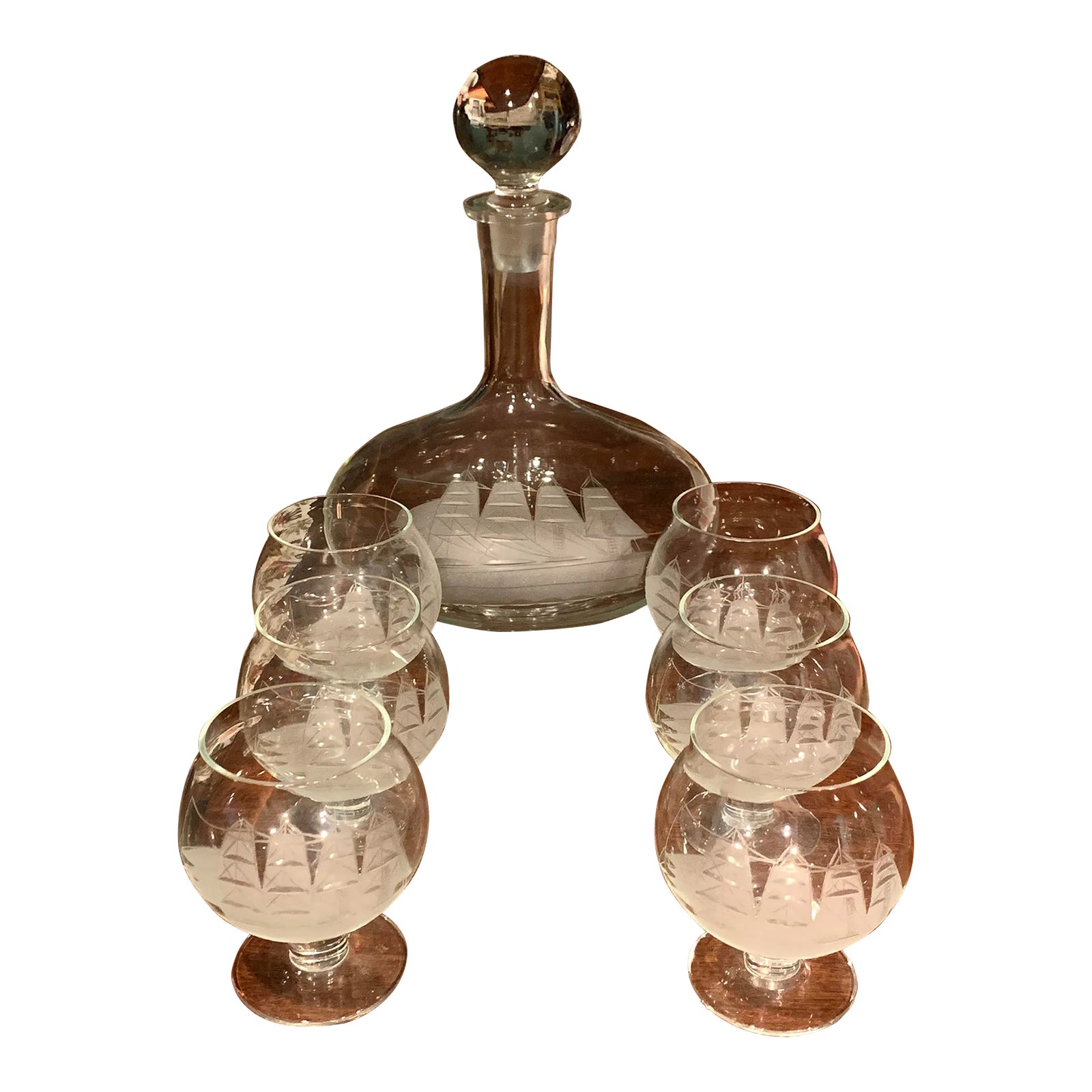 Vintage Etched Glass Clipper Ship Brandy Decanter Set | Chairish