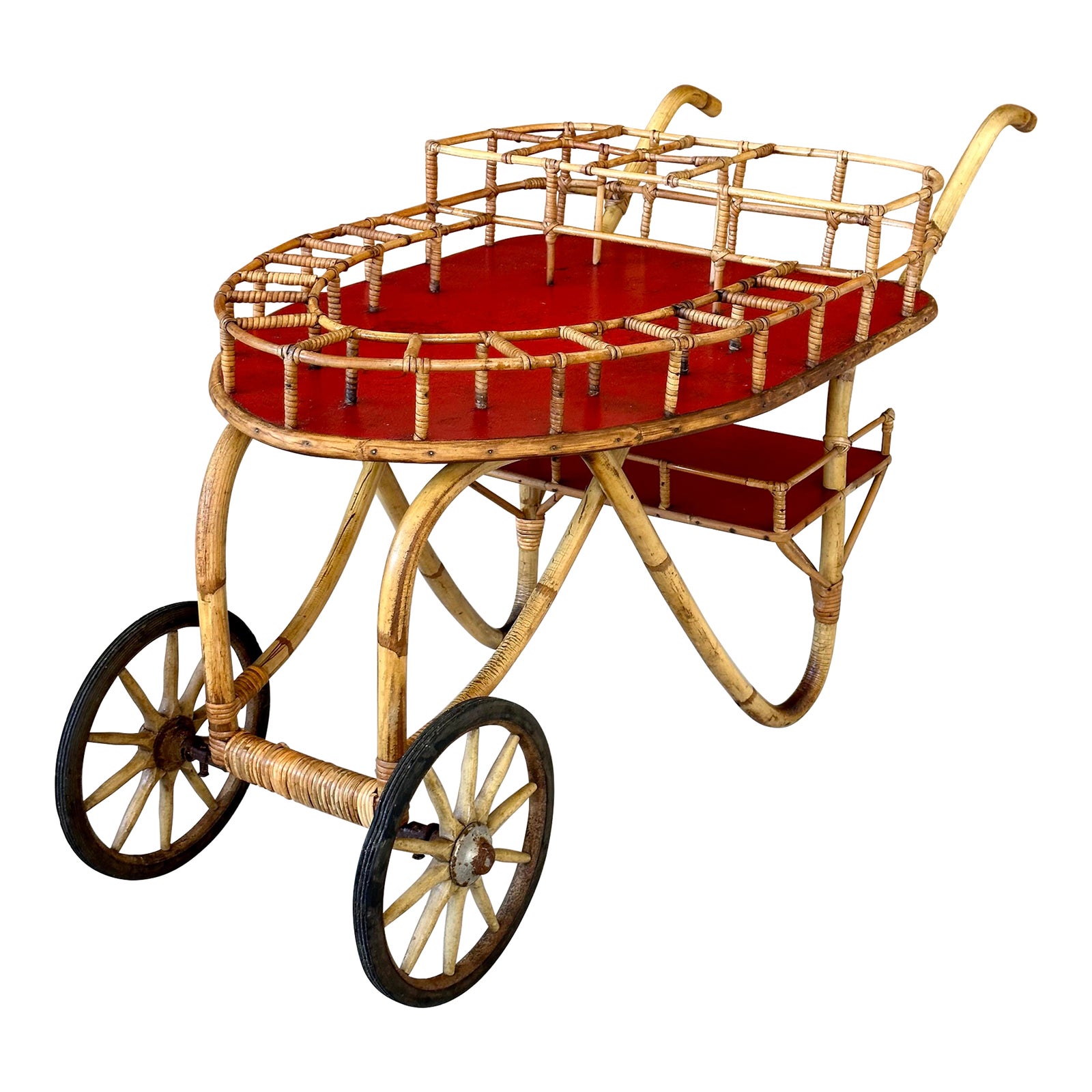 Late 19th Century Red Lacquered French Rattan Bar Cart | Chairish