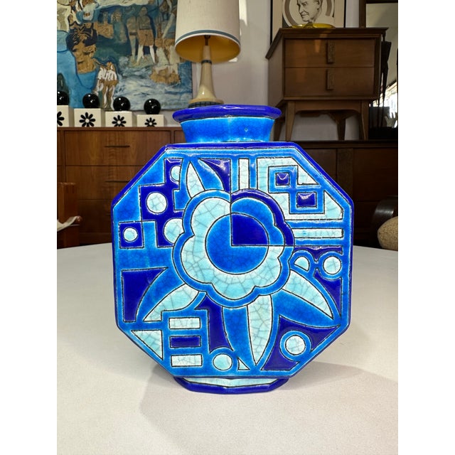 1920s Art Deco Longwy France Enameled Floral Octagon Vase | Chairish