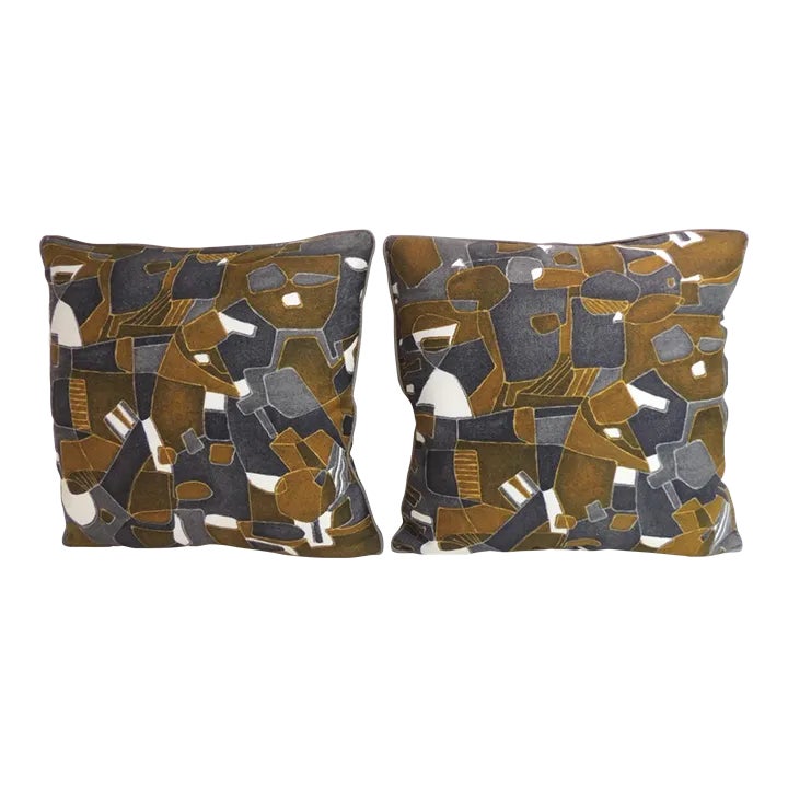 Vintage Blue and Brown MCM Pattern Decorative Pillows -Set of 2 | Chairish