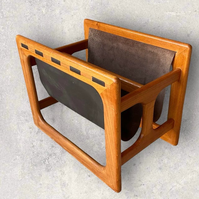 Mid Century Modern Teak Wood and Leather Danish Magazine Rack | Chairish